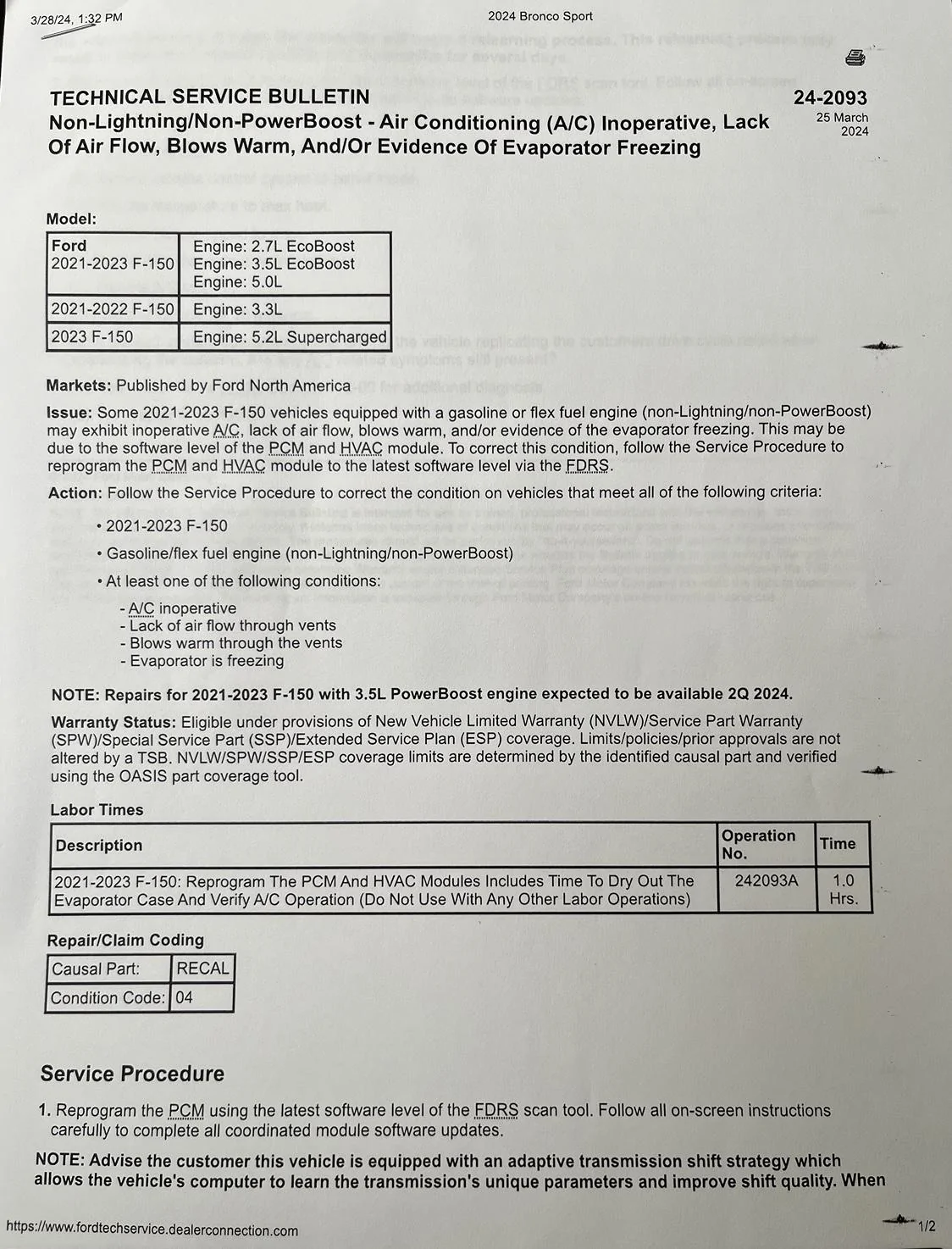 ***New “TSB 24-2093” via FDRS, for ‘A/C not blowing issue’ for 2021 ...