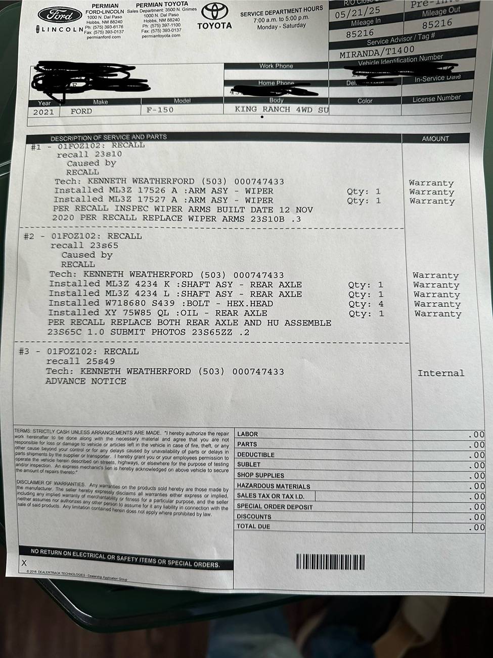 Recall 23s65, is there a chance they didn’t actually due the work ...