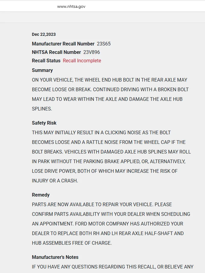 Recall #23S65 | Rear Axle Bolt - Part(s) on Backordered?! 3-4 Months at ...