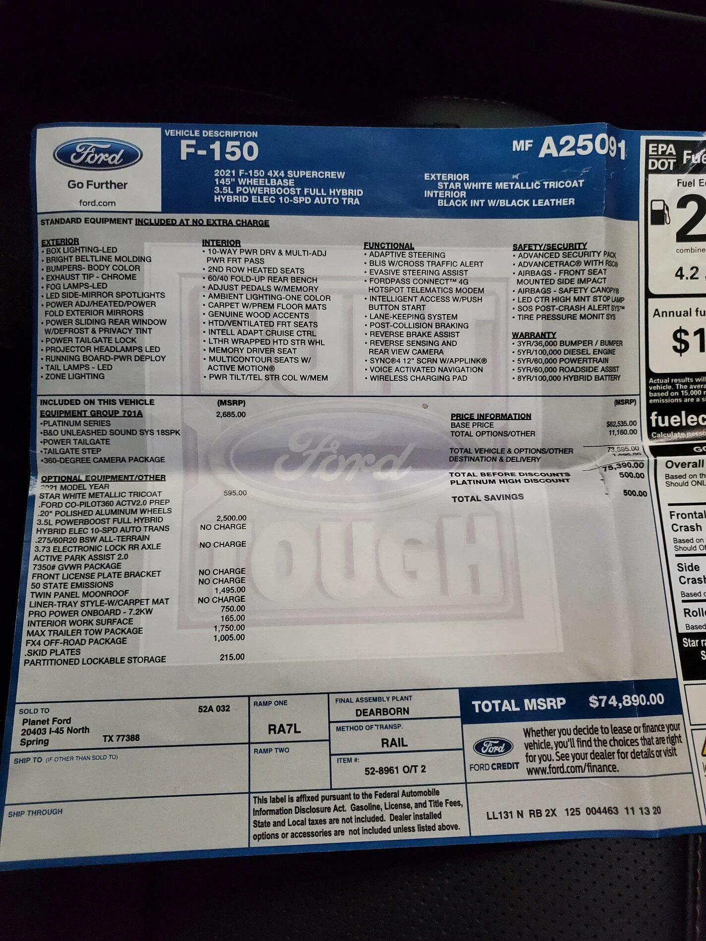 Payload stickers - Lariat PowerBoost, Lariat 5.0L, STX 5.0L, XLT 5.0L ...